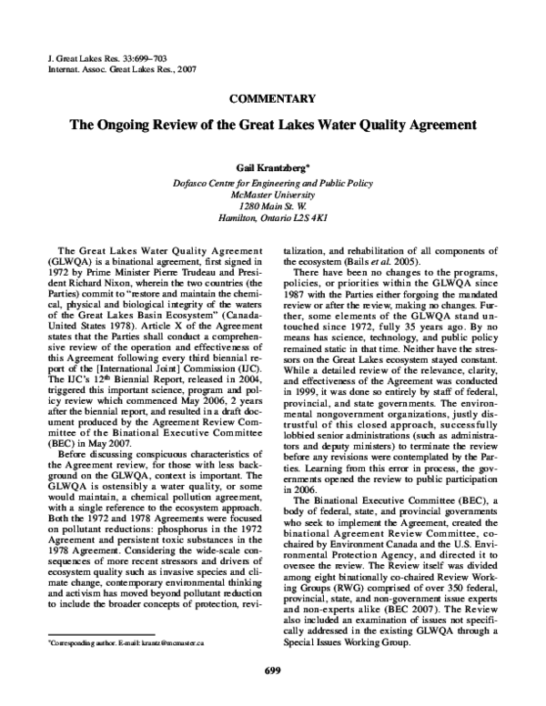 (PDF) The Ongoing Review of the Great Lakes Water Quality Agreement