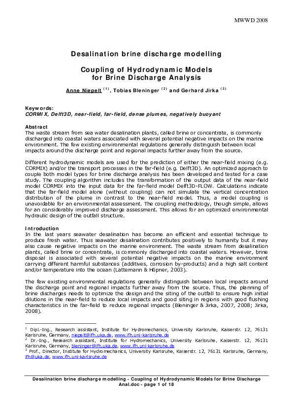 (PDF) Desalination brine discharge modelling. Coupling of hydrodynamic ...