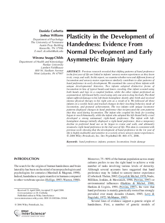 (PDF) Plasticity in the development of handedness: Evidence from normal ...