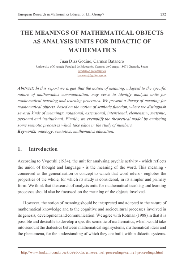 (PDF) The Meanings of Mathematical Objects as Analysis Units for Didactic of Mathematics