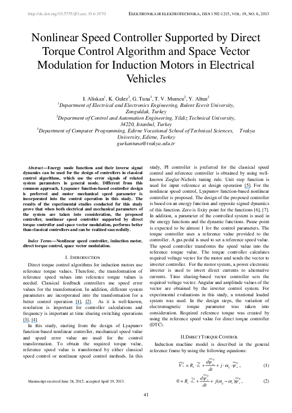 Pdf Nonlinear Speed Controller Supported By Direct Torque Control Algorithm And Space Vector