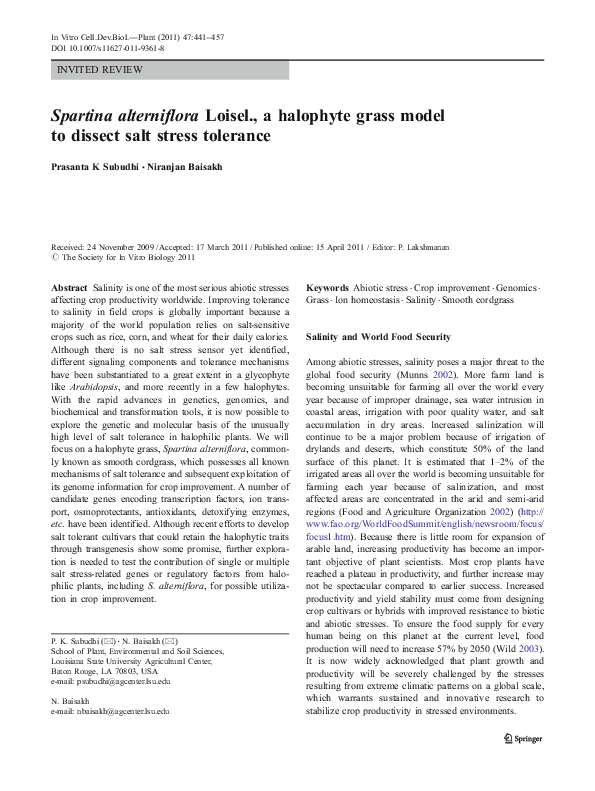 (PDF) Spartina alterniflora Loisel., a halophyte grass model to dissect ...