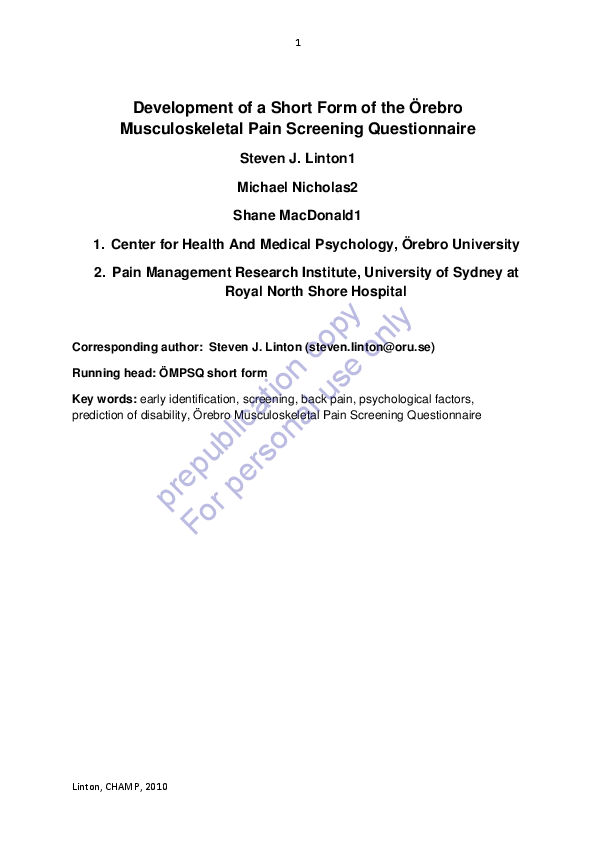 (PDF) Development of a Short Form of the Örebro Musculoskeletal Pain ...