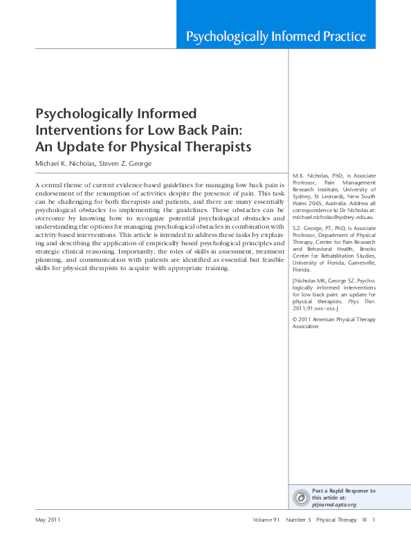 (PDF) Psychologically informed interventions for low back pain: an ...