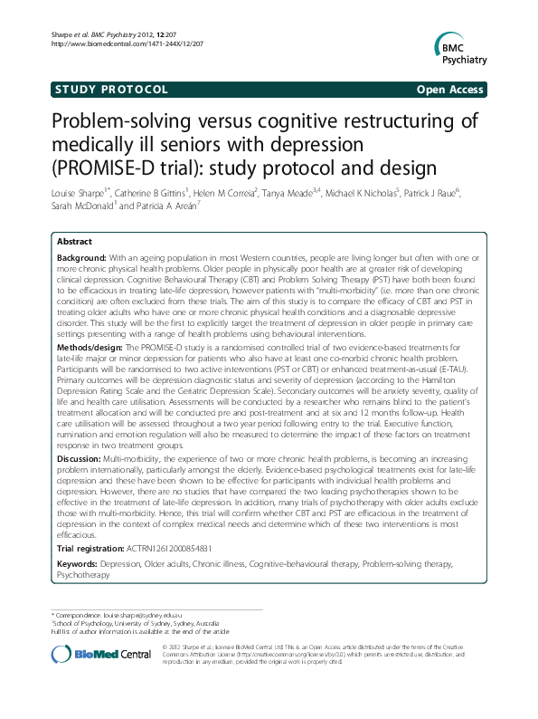 (PDF) Problem-solving versus cognitive restructuring of medically ill seniors with depression ...