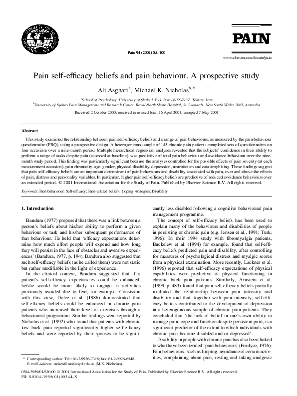 (PDF) Pain self-efficacy beliefs and pain behaviour. A prospective study