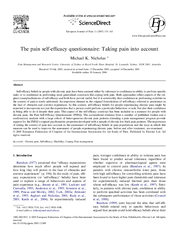 (PDF) The pain self-efficacy questionnaire: Taking pain into account