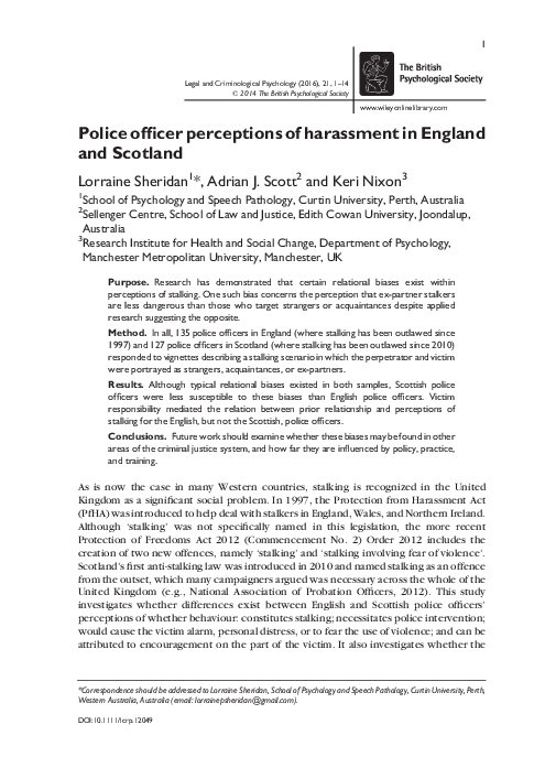 (PDF) Police officer perceptions of harassment in England and Scotland