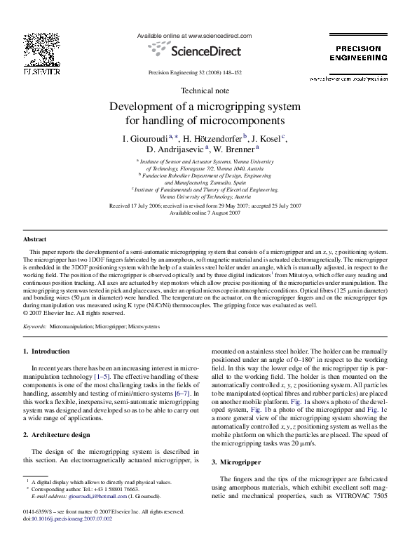 (PDF) Development of a microgripping system for handling of microcomponents