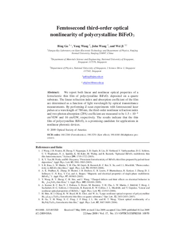 Pdf Femtosecond Third Order Optical Nonlinearity Of Bifeo3