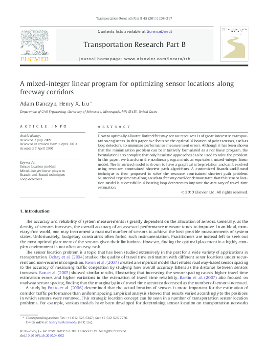 (PDF) A mixed-integer linear program for optimizing sensor locations along freeway corridors