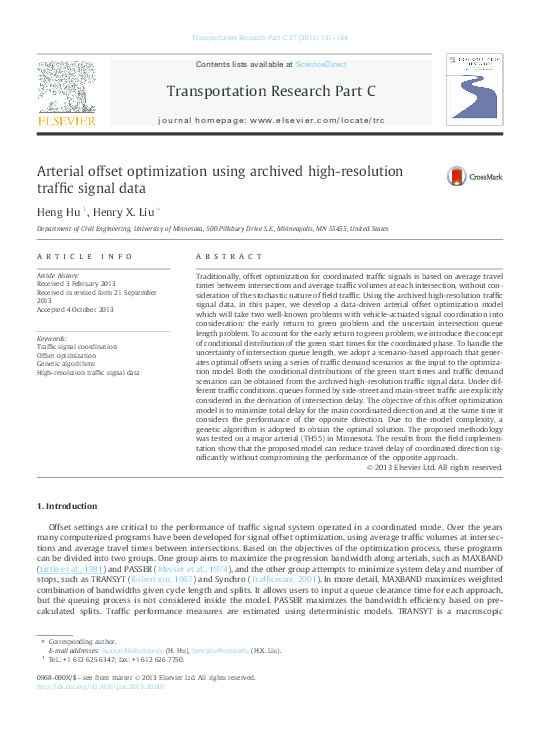 Pdf Arterial Offset Optimization Using Archived High Resolution Traffic Signal Data