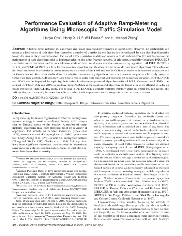 Pdf Performance Evaluation Of Adaptive Ramp Metering Algorithms Using