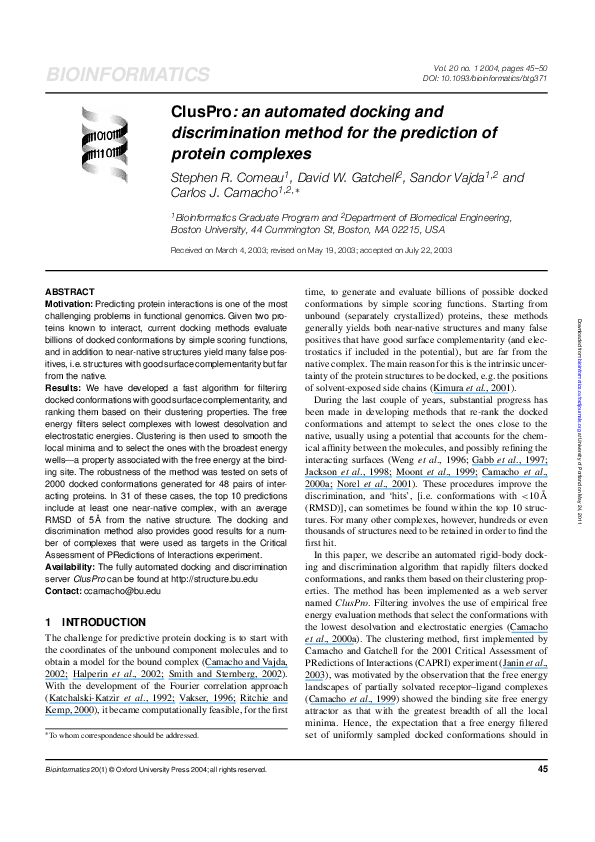 (PDF) ClusPro: an automated docking and discrimination method for the ...