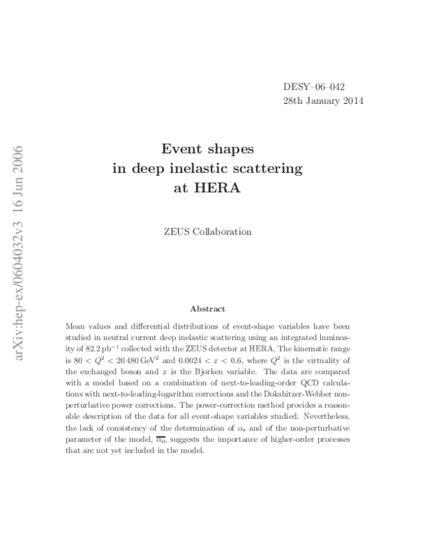 (PDF) Event shapes in deep inelastic scattering at HERA
