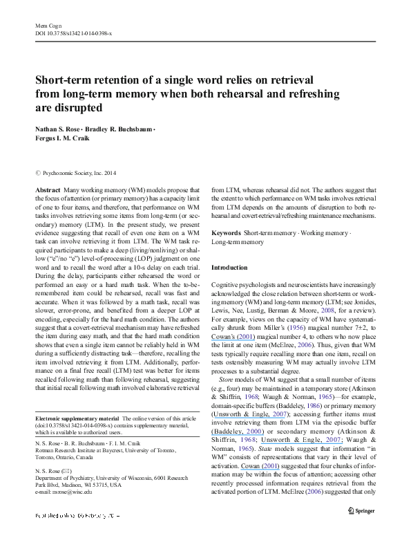 (PDF) Short-term retention of a single word relies on retrieval from ...