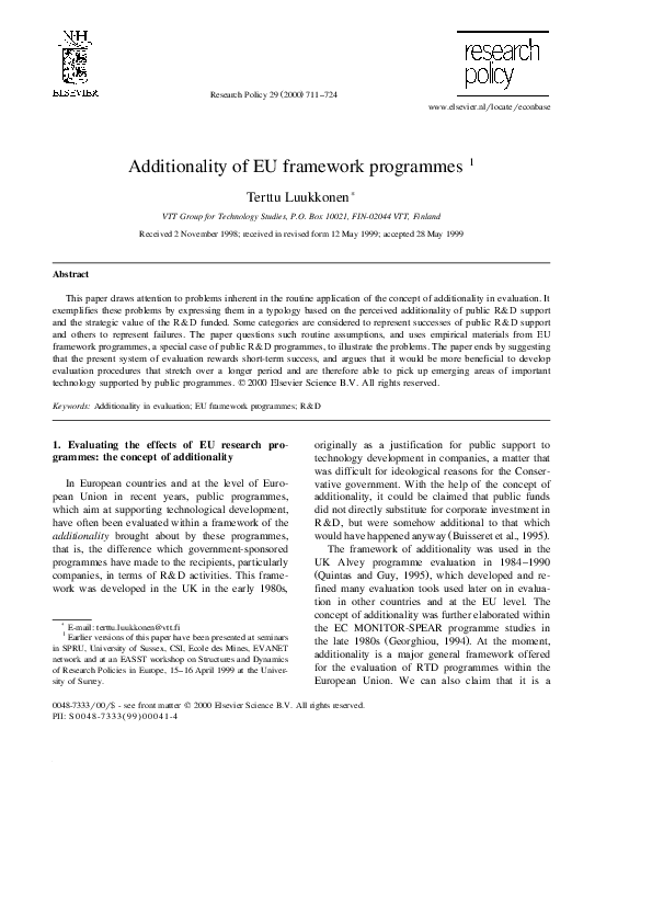 (PDF) Additionality of EU framework programmes