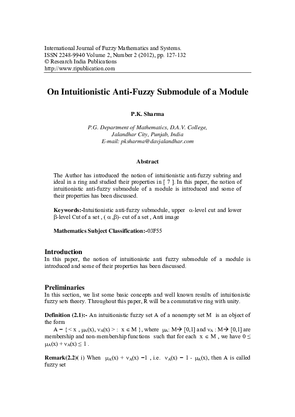 (PDF) On Intuitionistic Anti-Fuzzy Submodule of a Module