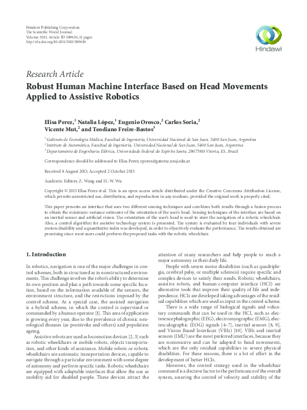 (PDF) Robust Human Machine Interface Based on Head Movements Applied to ...