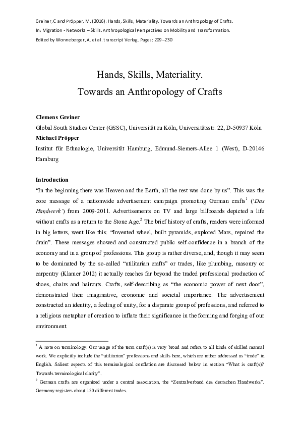 (PDF) Hands, Skills, Materiality. Towards an Anthropology of Crafts