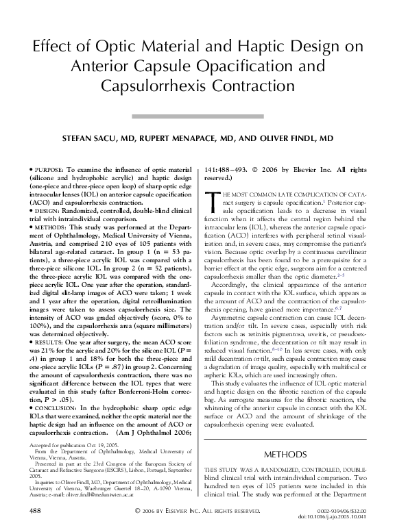 (PDF) Effect of Optic Material and Haptic Design on Anterior Capsule ...