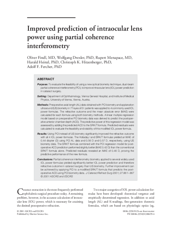 (PDF) Improved prediction of intraocular lens power using partial coherence interferometry