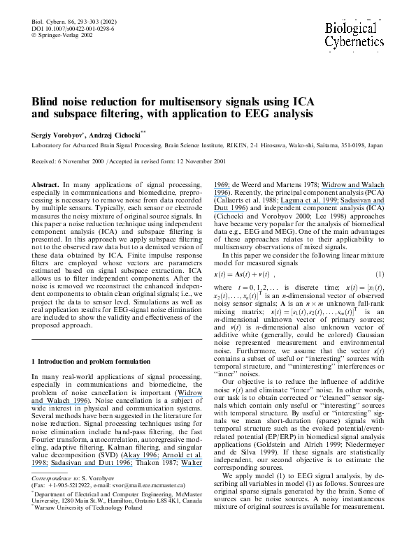 (PDF) Blind noise reduction for multisensory signals using ICA and subspace filtering, with ...