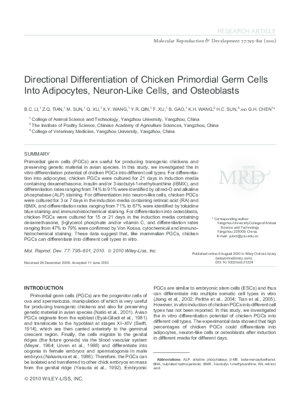 (PDF) Directional differentiation of chicken primordial germ cells into ...
