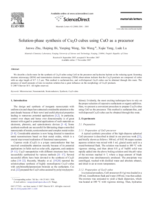 (PDF) Solution-phase synthesis of Cu 2 O cubes using CuO as a precursor