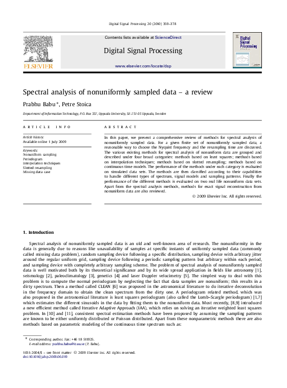 (PDF) Spectral analysis of nonuniformly sampled data – a review