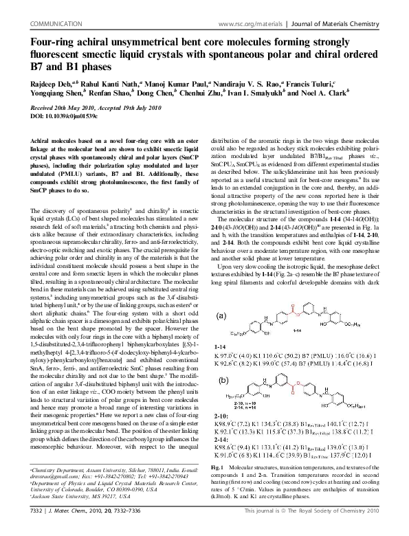 (PDF) Four-ring achiral unsymmetrical bent core molecules forming ...