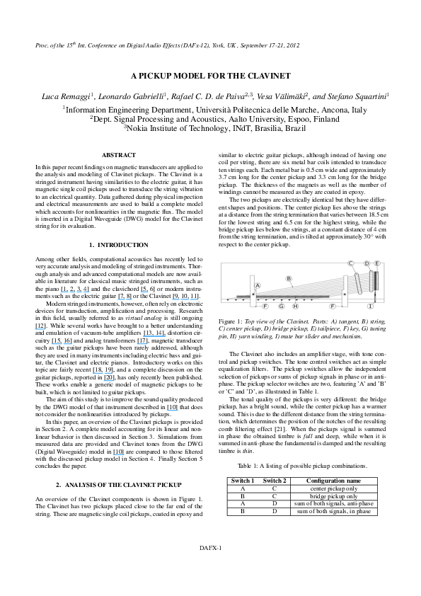 (PDF) A PICKUP MODEL FOR THE CLAVINET