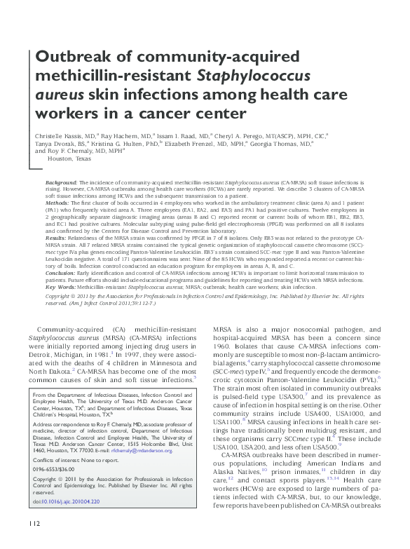 (PDF) Outbreak of community-acquired methicillin-resistant Staphylococcus aureus skin infections ...