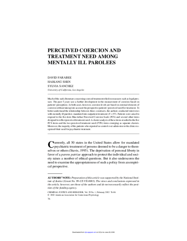 (PDF) Perceived Coercion and Treatment Need Among Mentally Ill Parolees