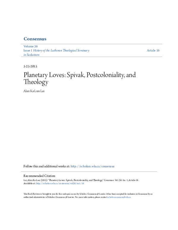 (PDF) Planetary Loves: Spivak, Postcoloniality, and Theology