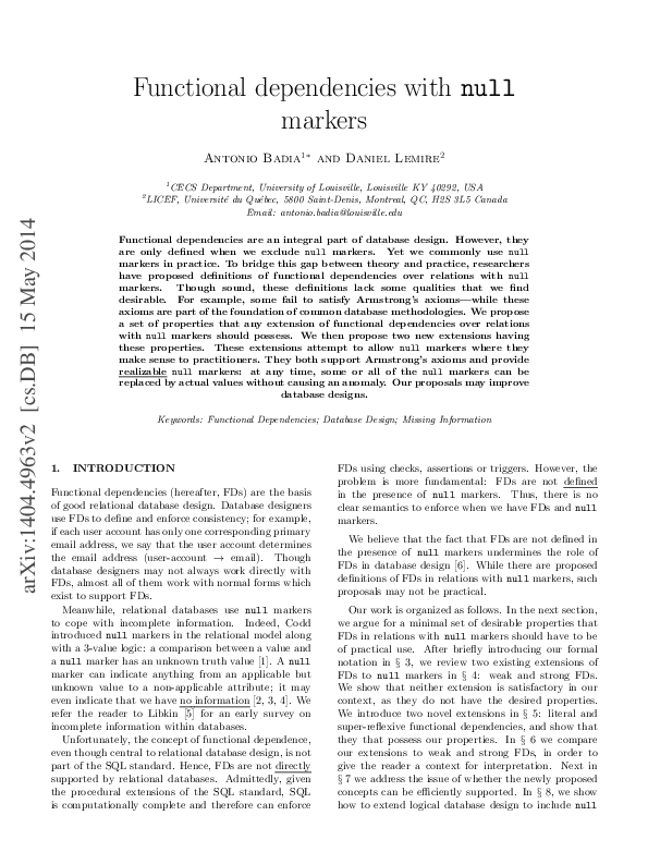 (PDF) Functional Dependencies with null Markers