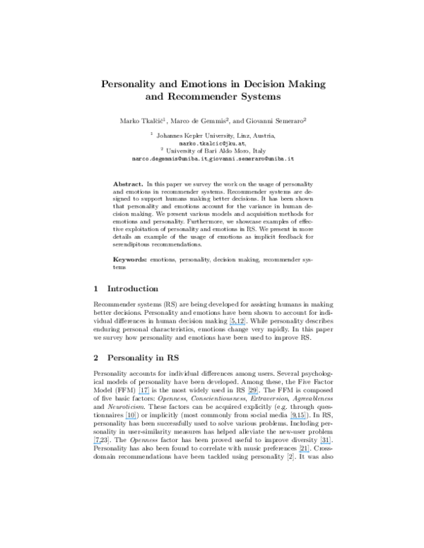 Pdf Personality And Emotions In Decision Making And Recommender Systems Giovanni Semeraro 