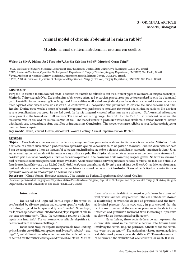 (PDF) Animal model of chronic abdominal hernia in rabbit