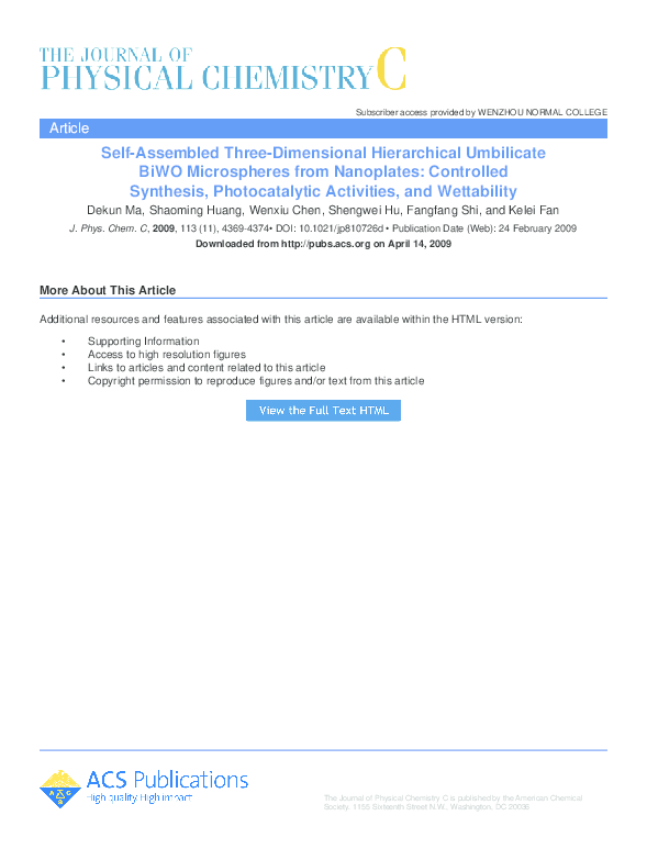 (PDF) Self-Assembled Three-Dimensional Hierarchical Umbilicate Bi 2 WO ...