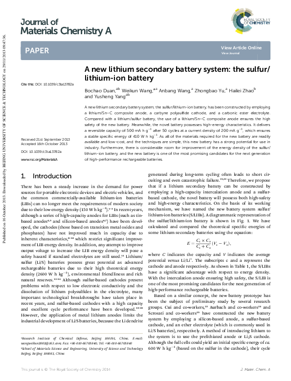 (PDF) A new lithium secondary battery system: the sulfur/lithium-ion ...