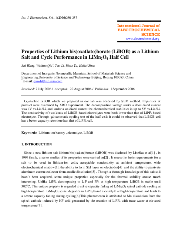 (PDF) Properties of Lithium bis(oxatlato)borate (LiBOB) as a Lithium ...
