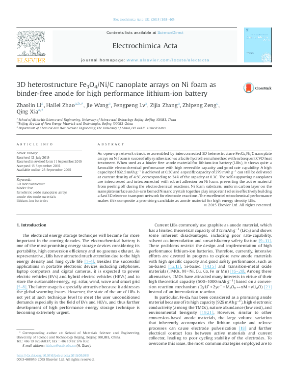 (PDF) 3D heterostructure Fe 3 O 4 /Ni/C nanoplate arrays on Ni foam as binder-free anode for ...