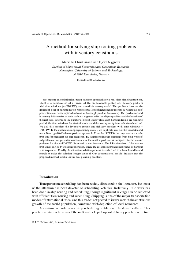 Pdf A Method For Solving Ship Routing Problems With Inventory Constraints