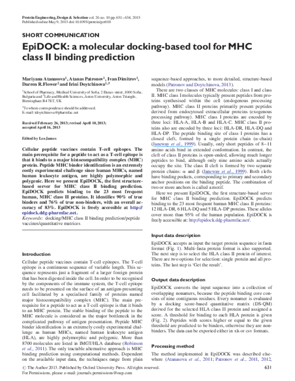 (PDF) EpiDOCK: a molecular docking-based tool for MHC class II binding prediction