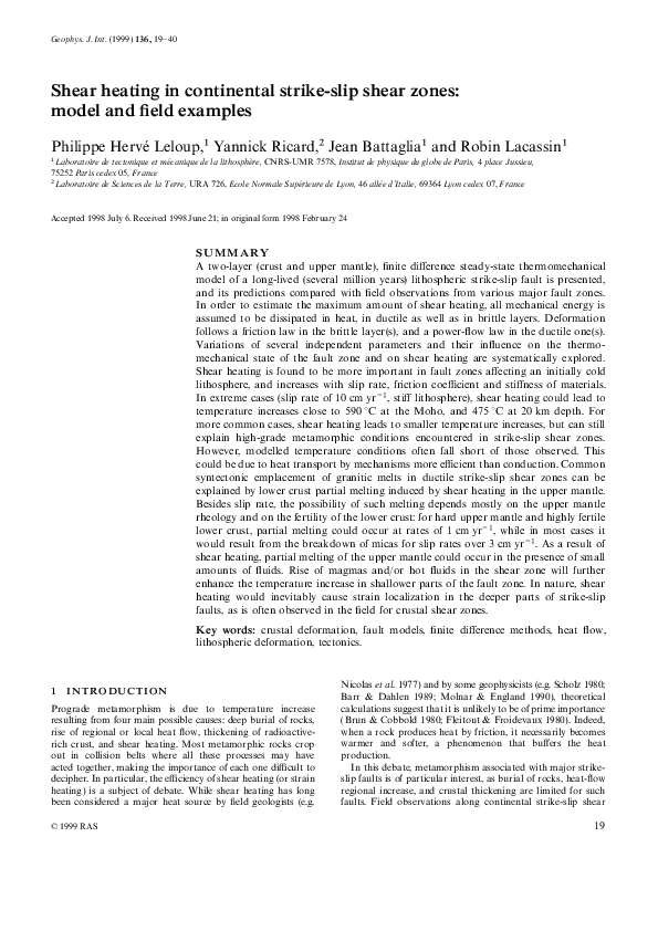 (PDF) Shear heating in continental strike-slip shear zones:model and ...