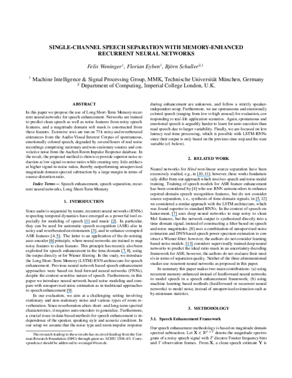 (PDF) Single-channel speech separation with memory-enhanced recurrent neural networks