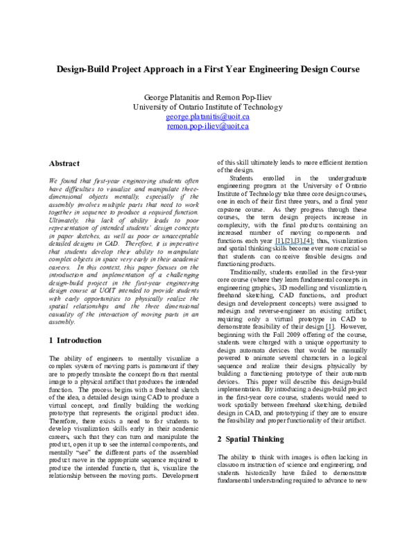 (PDF) Design-Build Project Approach in a First Year Engineering Design ...