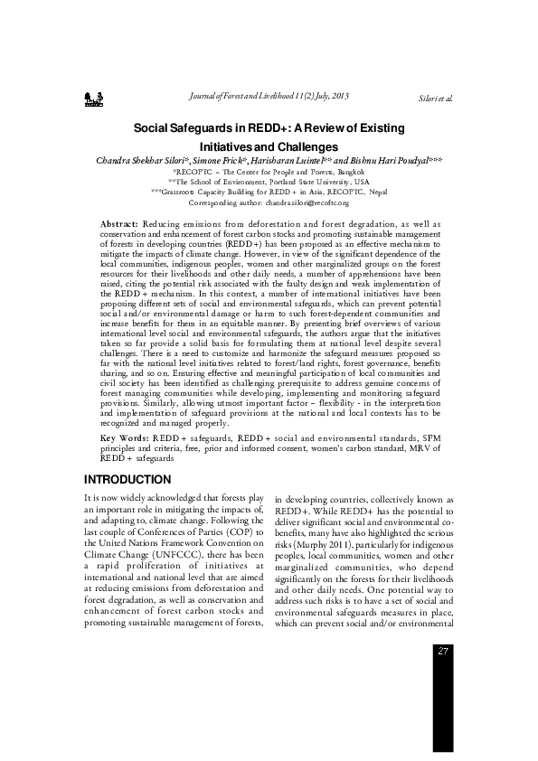 (PDF) REDD+: Social Safeguards and Implementation Challenges