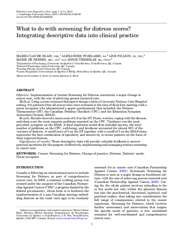 (PDF) What to do with screening for distress scores? Integrating ...