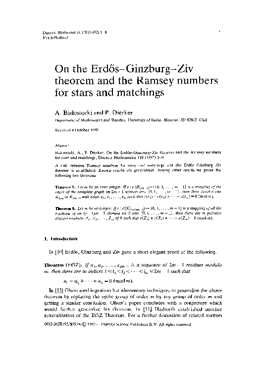 Pdf On The Erdős Ginzburg Ziv Theorem And The Ramsey Numbers For Stars And Matchings